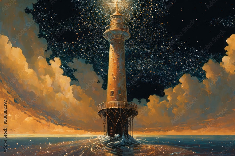 Magic lighthouse in the middle of the ocean created with Generative AI ...