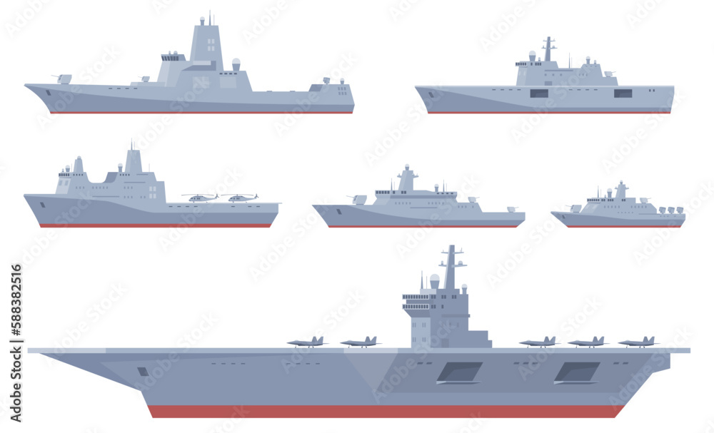 Military types of ships. Missile carriers, aircraft carriers ...
