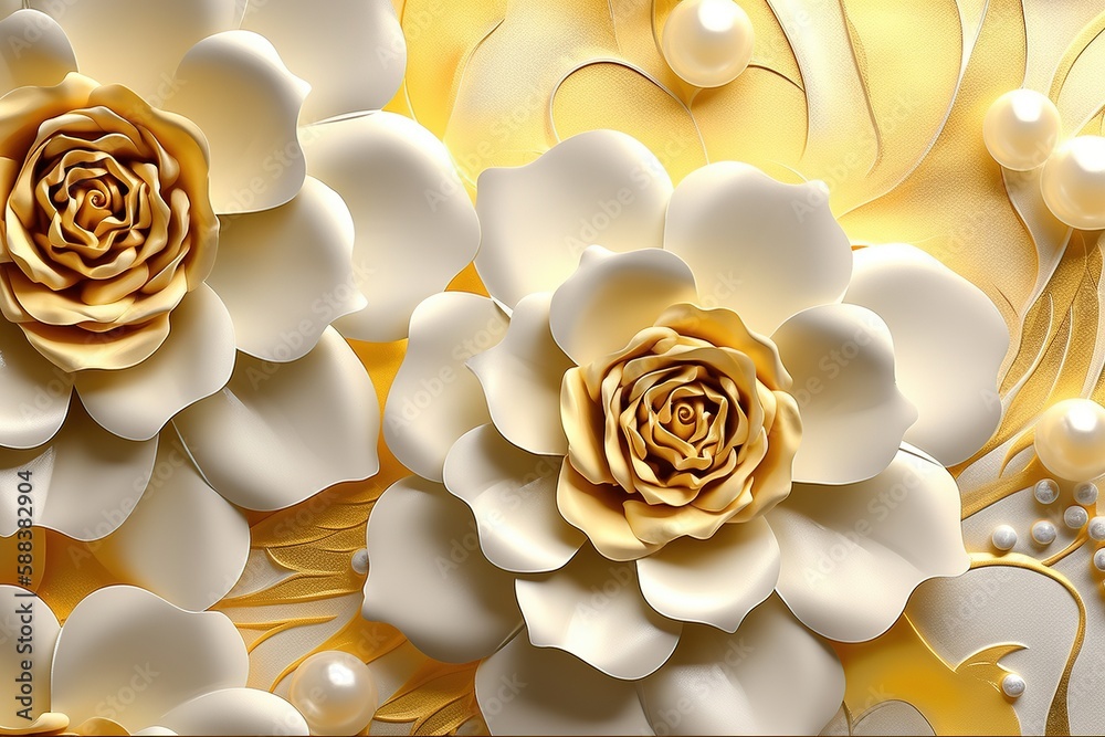 3D flower wallpaper yellow and pearls texture background for interior ...