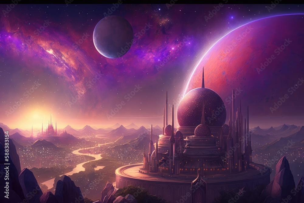 Cosmic city of the future with a magical castle created with Generative ...