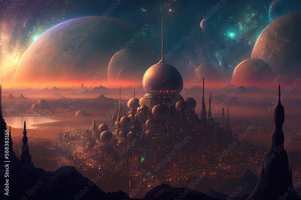 Cosmic city of the future with a magical castle created with Generative ...