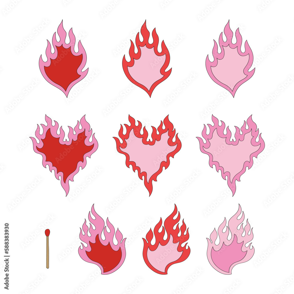 Howdy Valentines Day flaming hearts matches vector illustration set ...