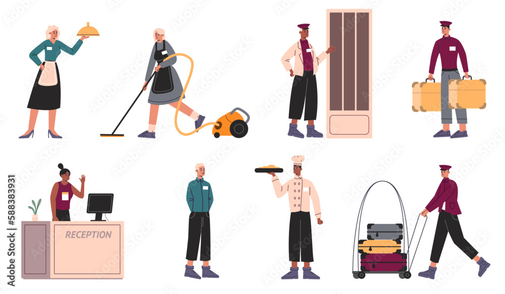 Cartoon hotel staff. Professional guesthouse employees. Managers and ...