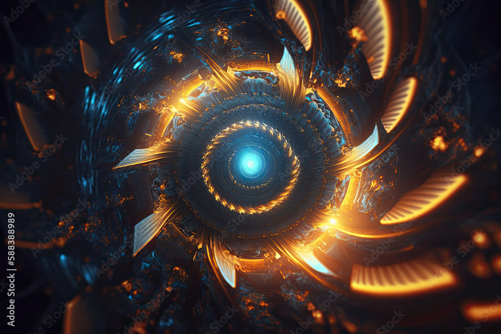 Cosmic trance and hypnosis concept of glowing details in digital neural ...