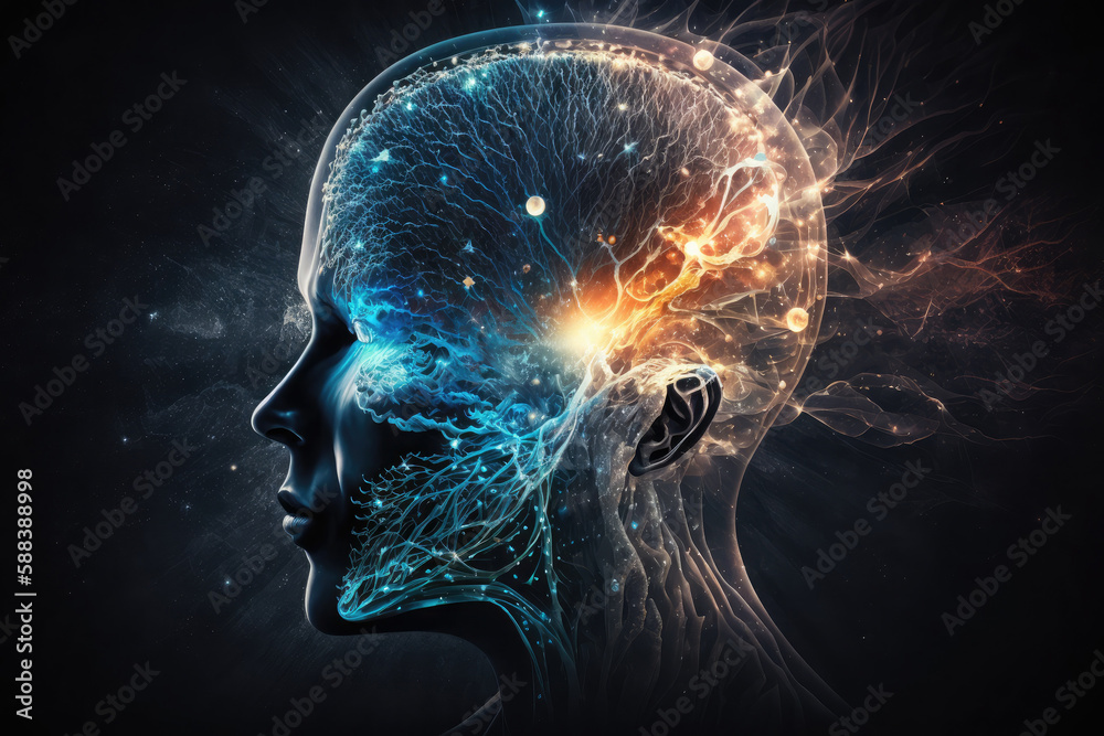 Astral body woman silhouette bust at abstract space background neural ...