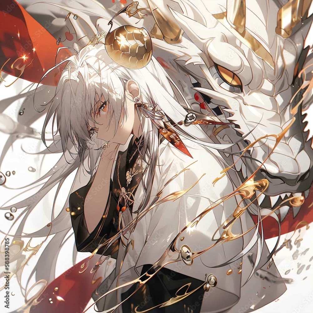 anime girl long silver hair gold glowing eyes Generative AI Stock ...