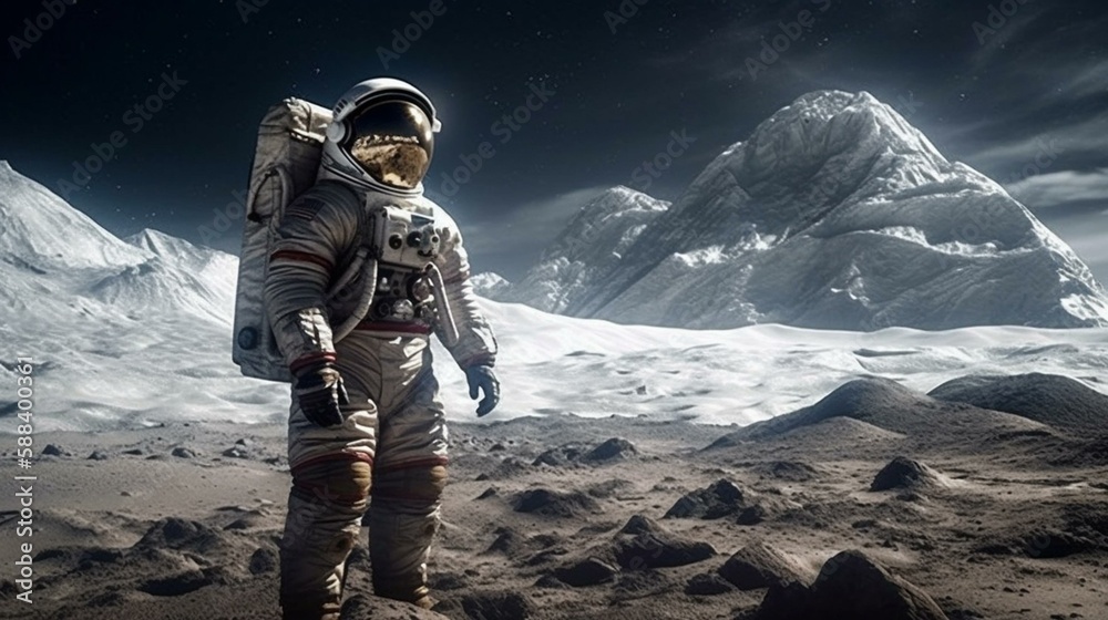 An astronaut exploring the icy and rugged terrain of Pluto, with the small and distant sun ...
