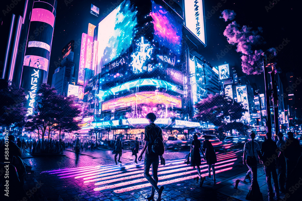 Shibuya crossing in Tokyo, neon night city colors, illustration ...