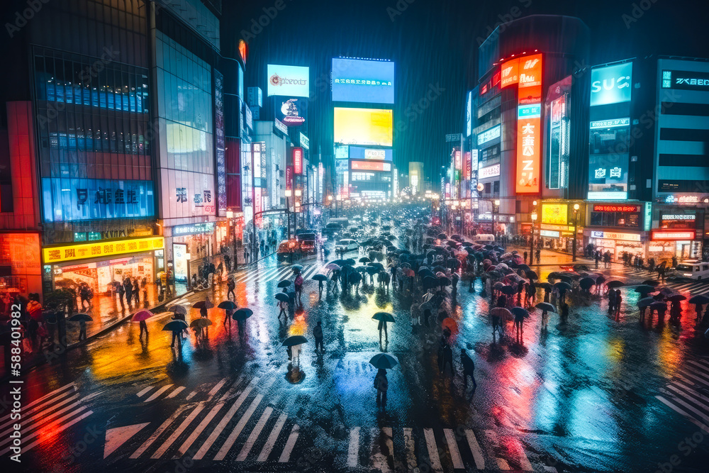 Shibuya crossing in Tokyo, neon night city colors. Generative AI Stock ...