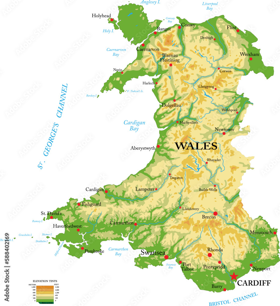 Wales highly detailed physical map Stock Vector | Adobe Stock