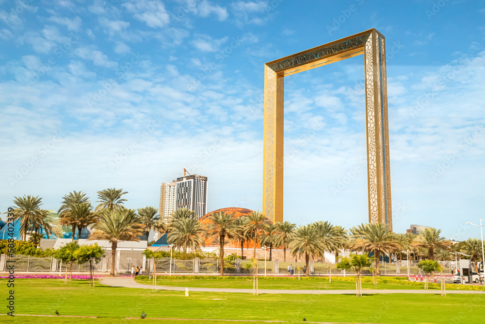 13 January 2023, UAE, Dubai: Dubai frame striking gold color and ...