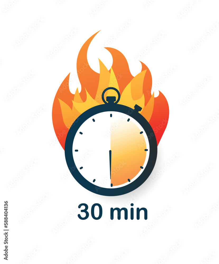30 minutes clock on fire icon. Half hour, time management and ...