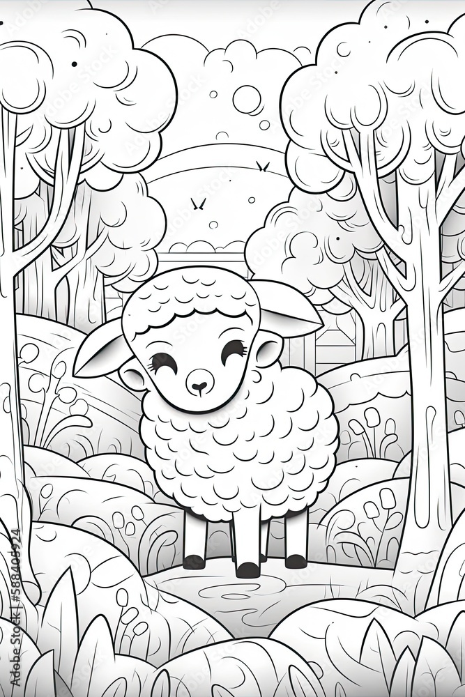 Coloring book page for kids. Sheep isolated on white background. Black ...