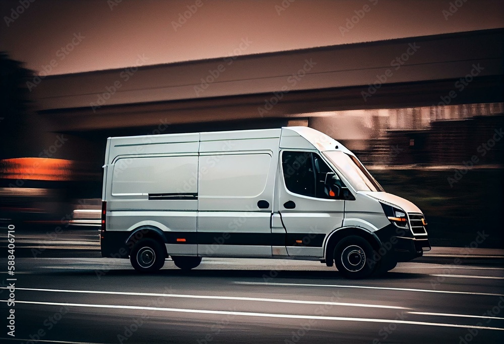 White modern delivery small shipment cargo courier van moving fast on ...