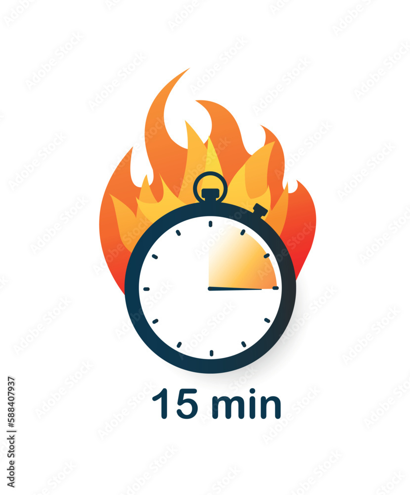 15 minutes clock on fire icon. Quarter of hour and segment on circle ...