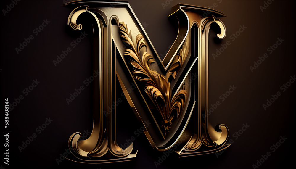 Capital letter M ateampunk alphabet in gold and black colour created ...