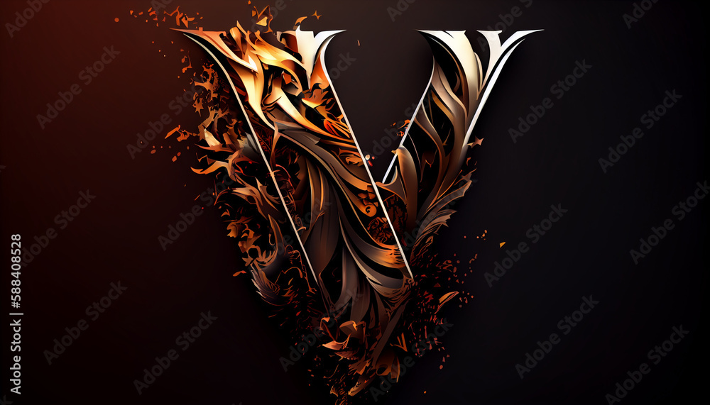 Capital letter V ateampunk alphabet in gold and black colour created ...