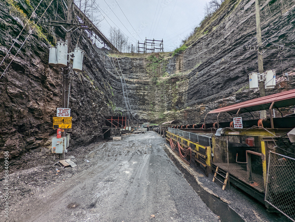 Entrance to underground coal mining with conveyor belt Stock Photo ...