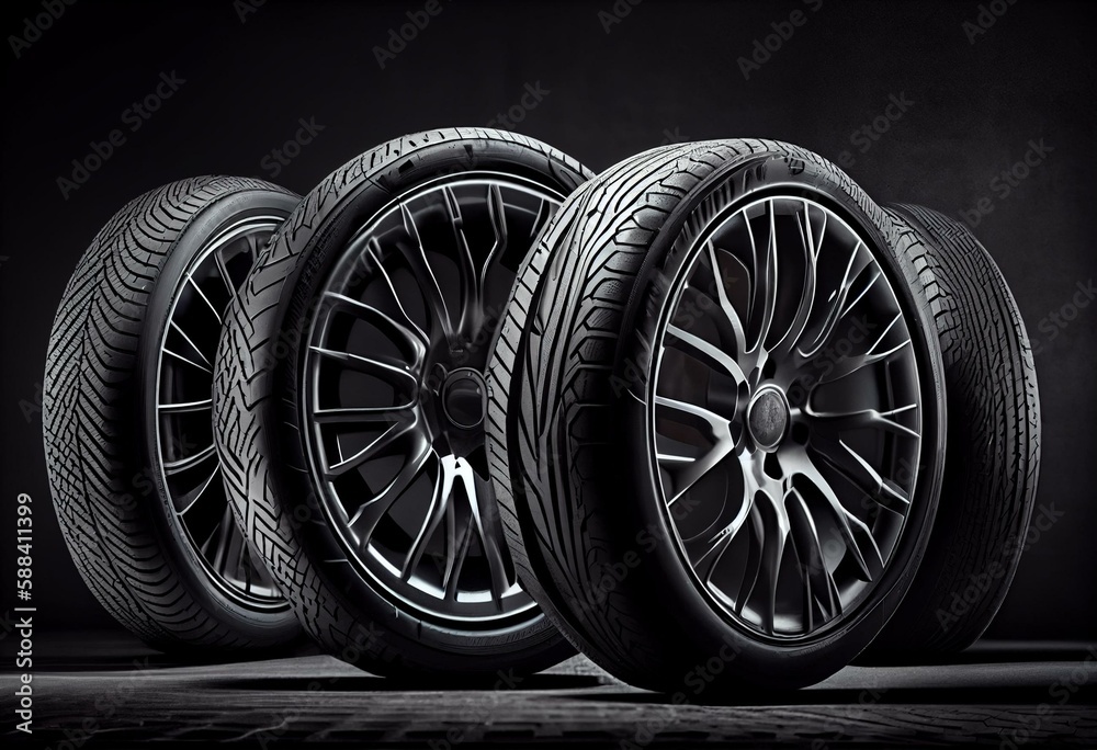 New car tires. Group of road wheels on dark background. Summer Tires ...