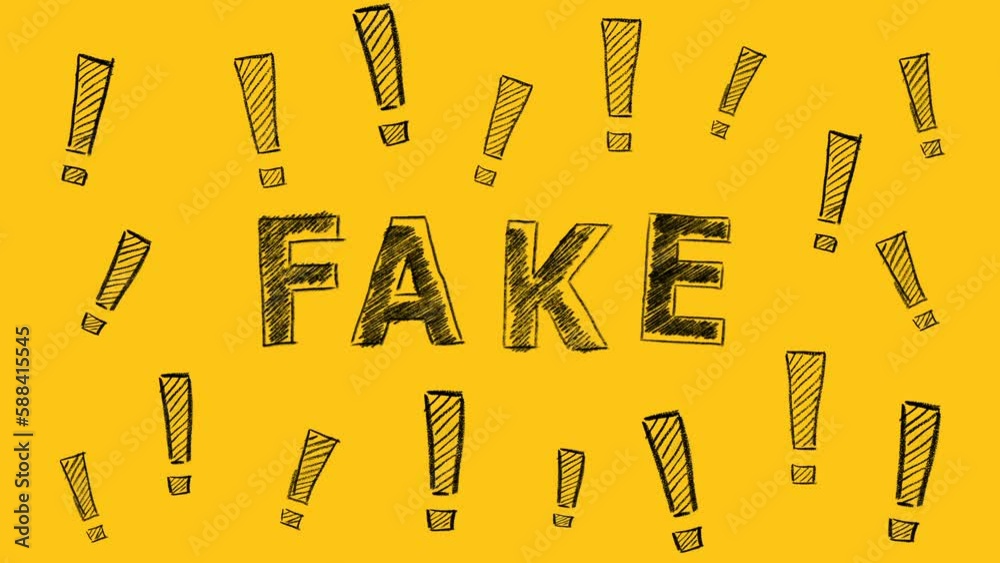 The word FAKE and exclamation marks written on yellow background ...