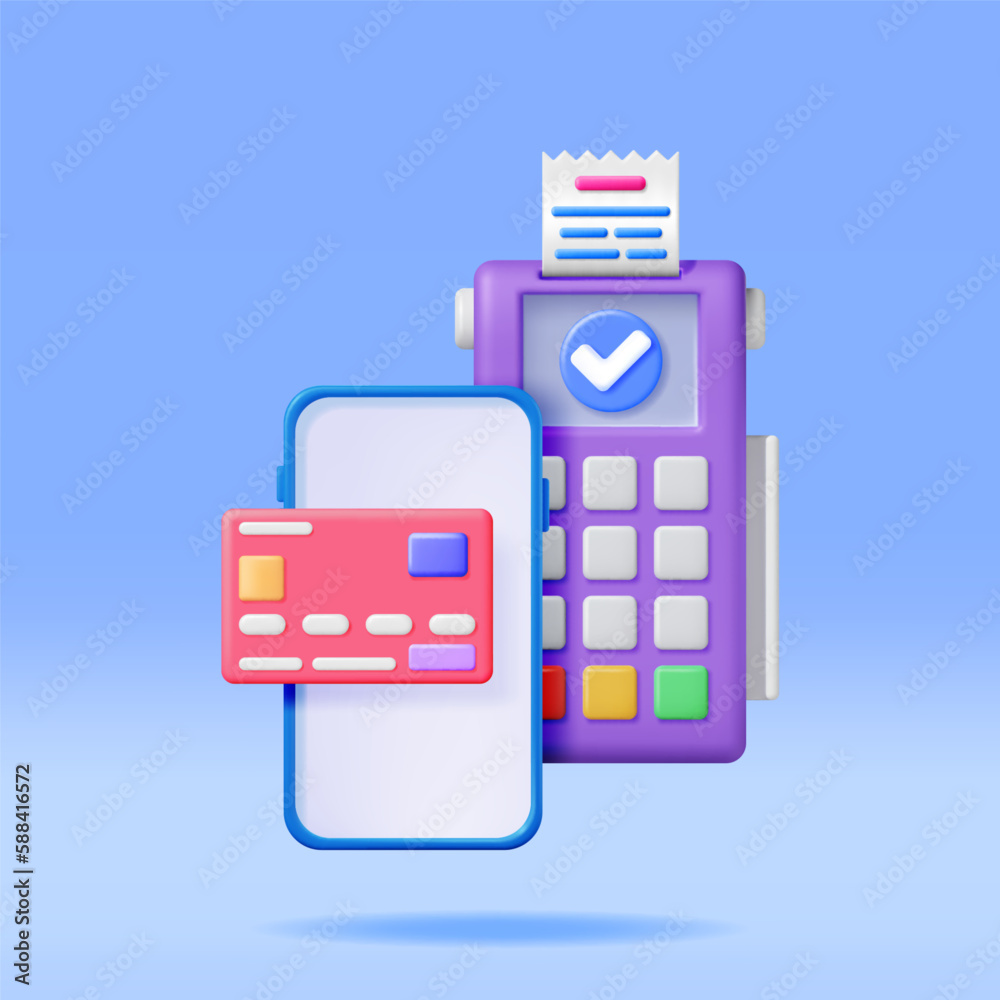 3D Payment Terminal with Smartphone and Receipt. Render Modern POS Bank ...