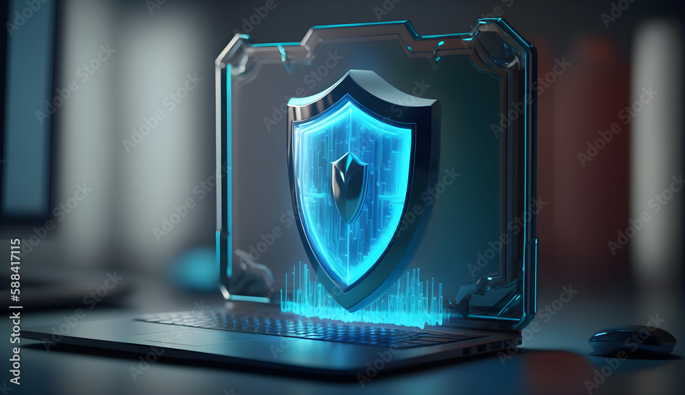 blue laptop, shield, lock, cybersecurity, online security, computer ...