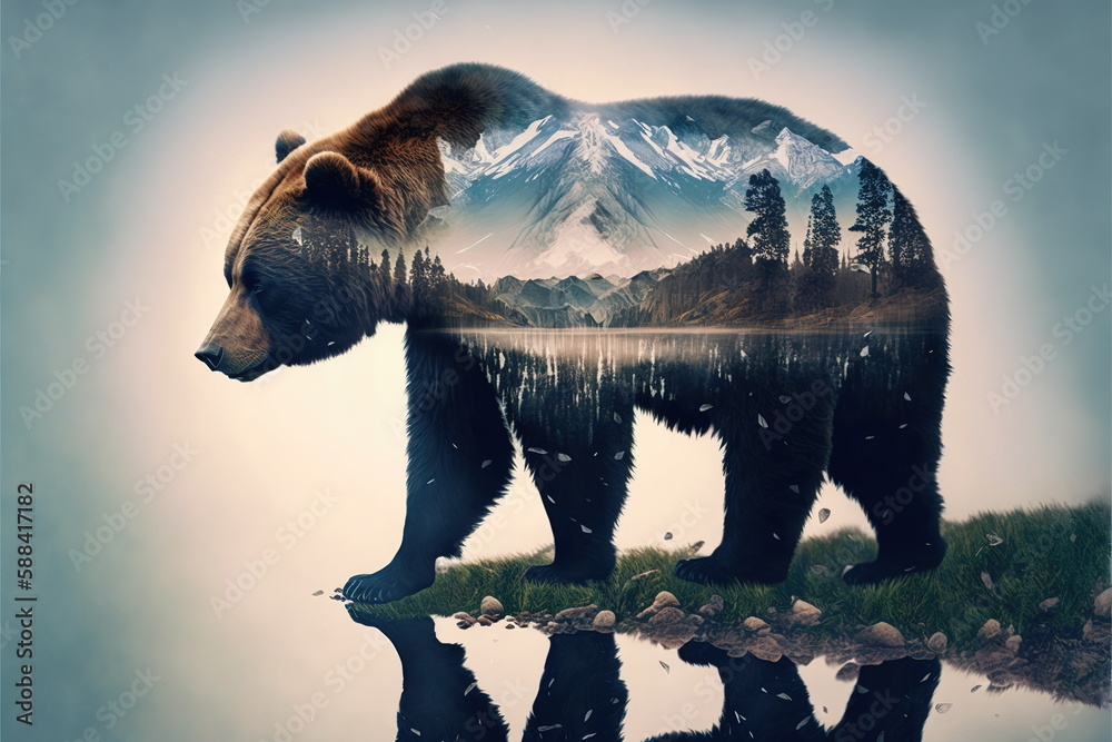 Wondrous brown grizzly bear in outdoor double exposure with natural ...