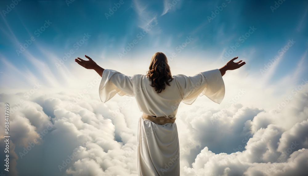 Jesus is standing in the clouds. He spreads his arms. Religion. Faith ...