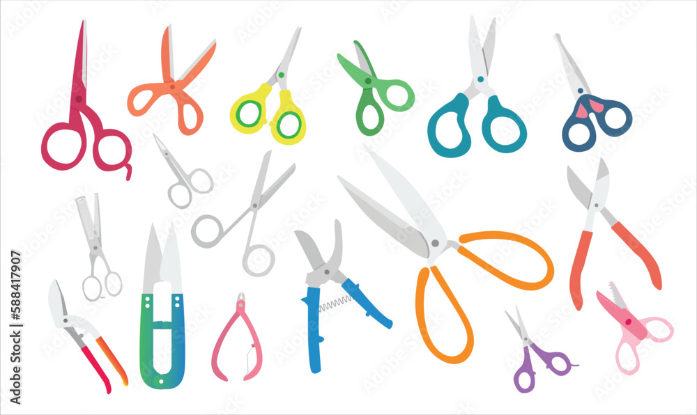 Vecteur Stock Types of scissor set isolated on white background. Set of ...