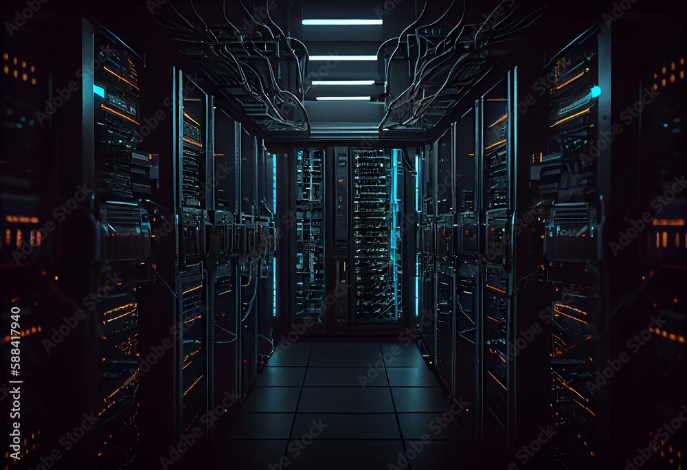 Inside a dark network operating center server room generative ai Stock ...