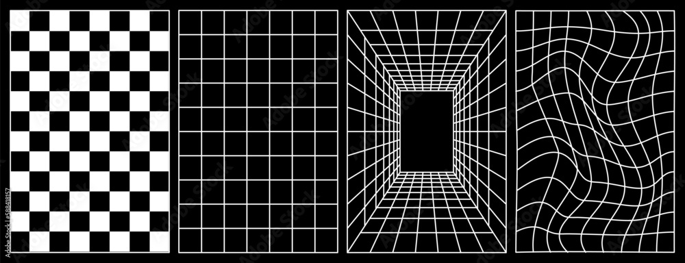Set of distorted vertical grid pattern and checkerboard pattern. Y2K ...