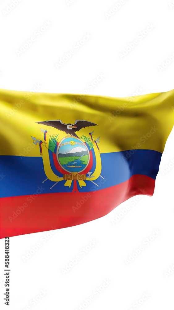 Ecuadorian flag with coat of arms waving against white background; 3D ...