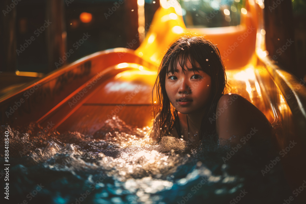 Asian teenage girl at aquapark spa water slide, front view with ...