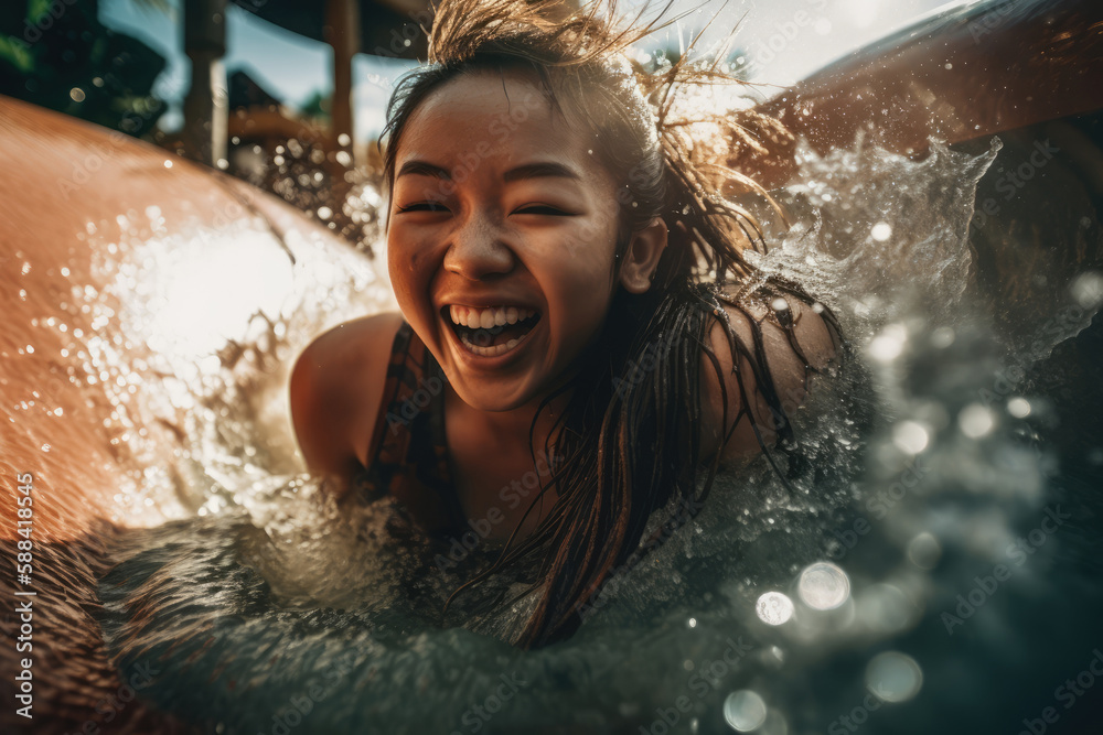Happy young asian woman having fun and dropping down on aquapark spa ...