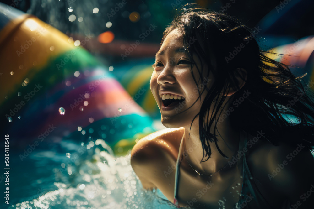 Happy asian japanese girl having funat colorful aquapark spa water ...