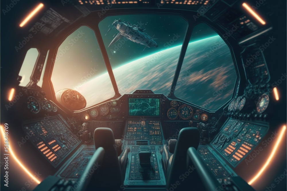 Outer view of cockpit spaceship window with control system room ...