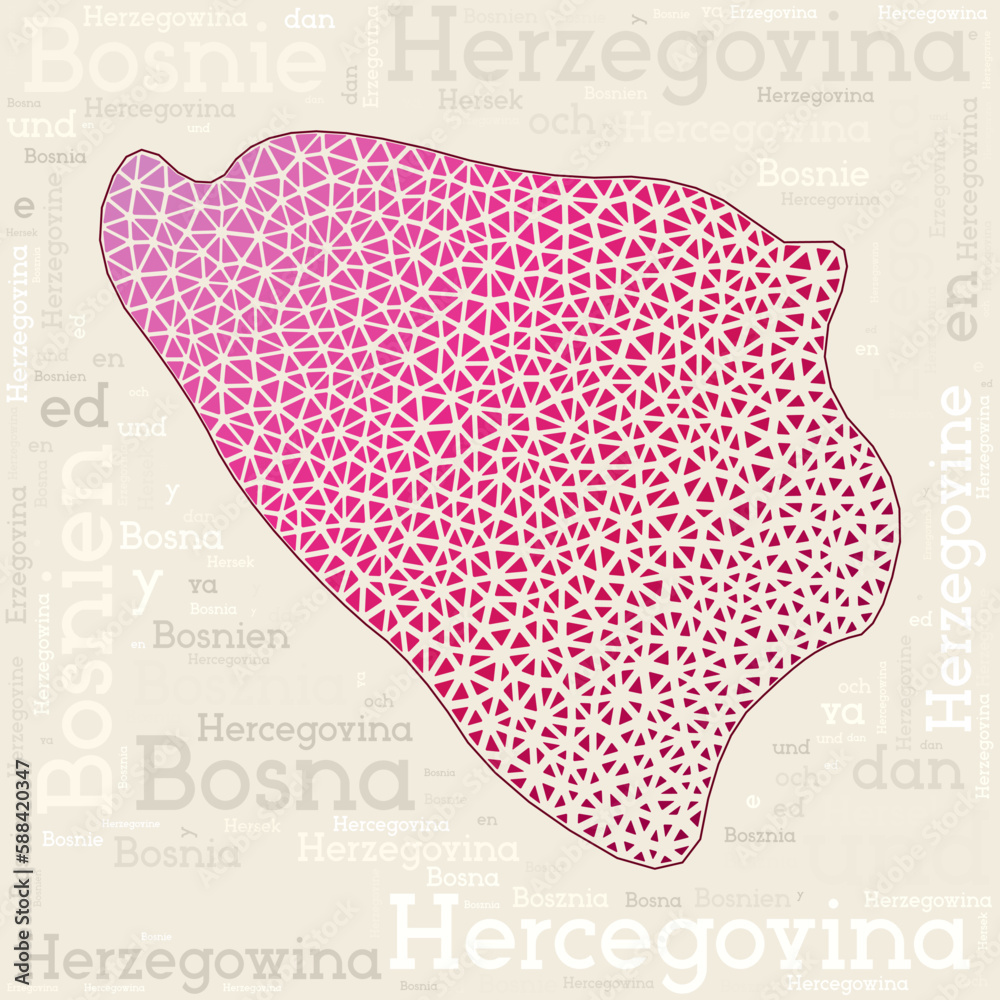BOSNIA map design. Country names in different languages and map shape ...