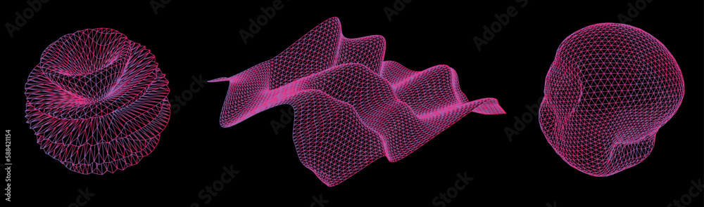 Set of 3D glitched shapes made of mesh. Generative art plots for data ...