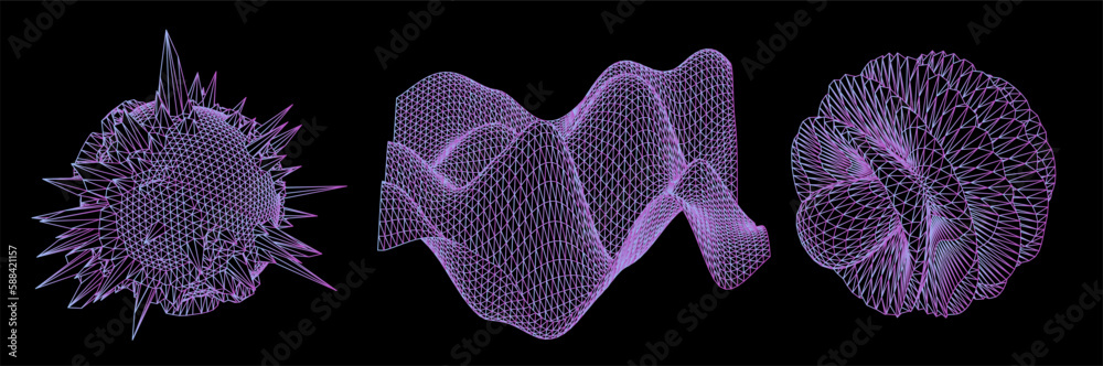 Set of 3D glitched shapes made of mesh. Generative art plots for data ...