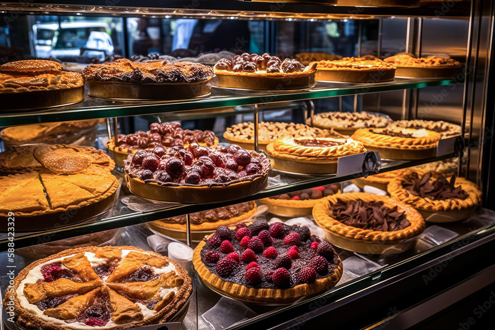 Display case filled with lots of different types of cakes,. tarts and ...