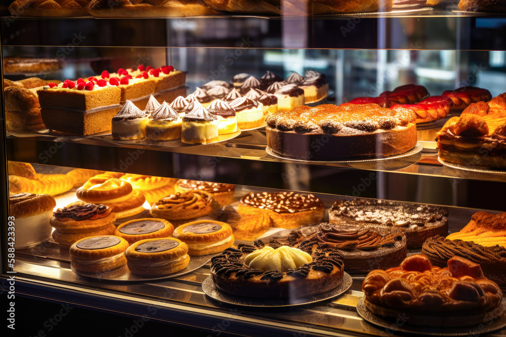 Display case filled with lots of different types of cakes,. tarts and ...