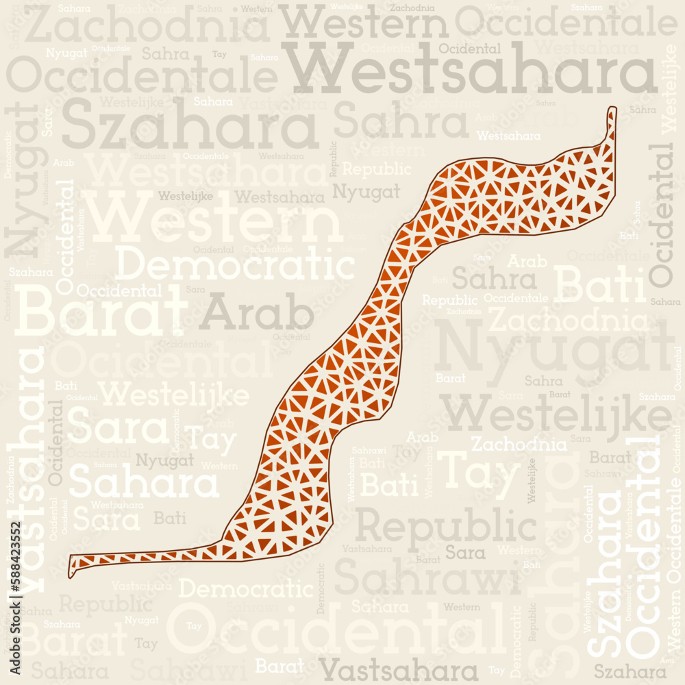 WESTERN SAHARA map design. Country names in different languages and map ...