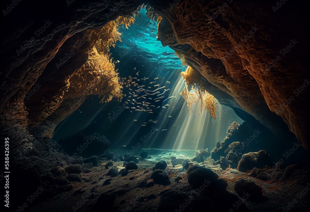 Dark underwater cave with sunlight beams. Deep sea cavern nature ...