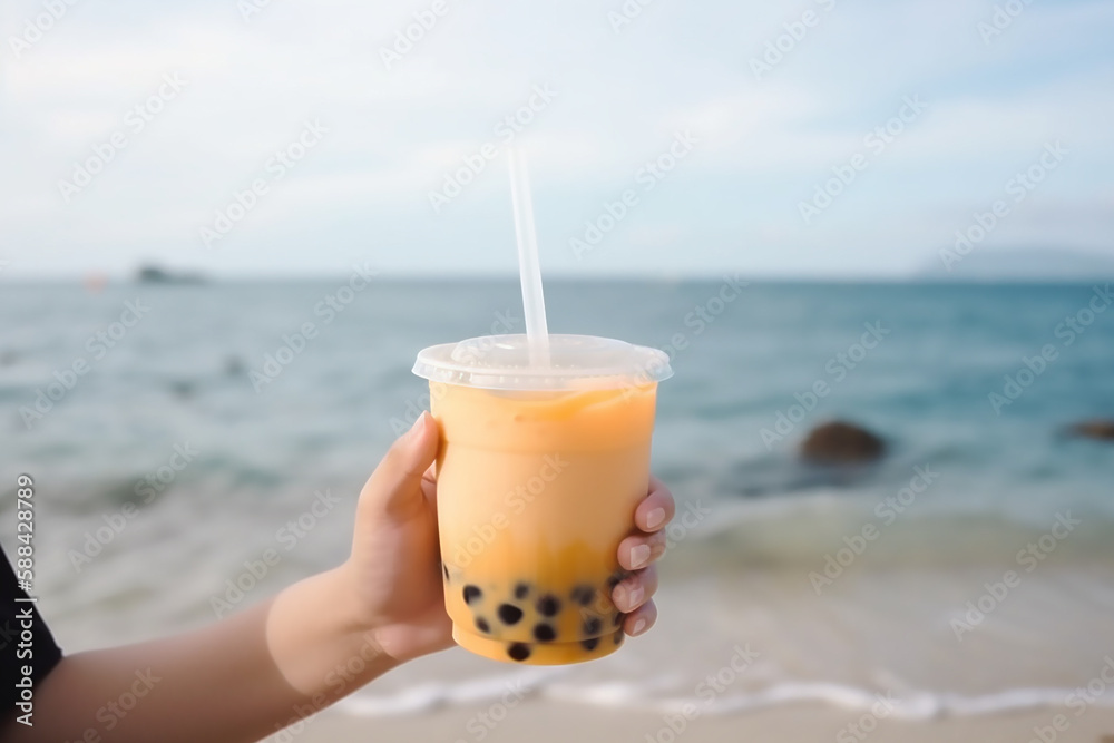 hand holding tapioca pearl bubble milk tea in a take away cup with a ...