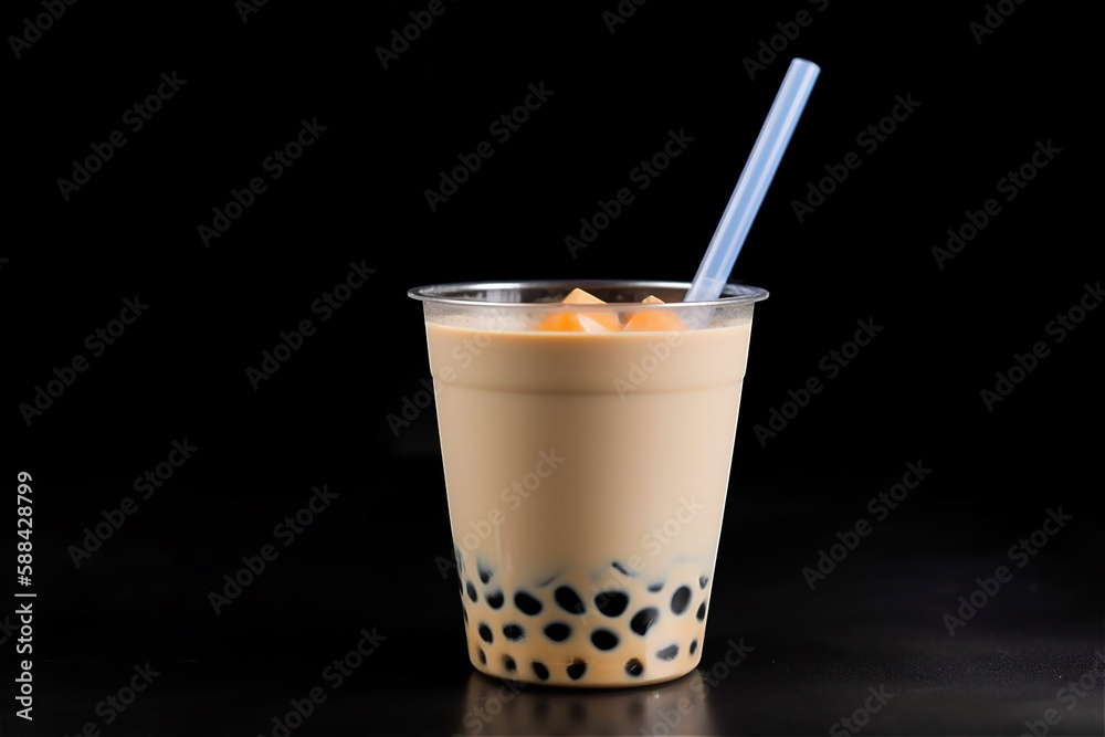 hand holding tapioca pearl bubble milk tea in a take away cup with a ...