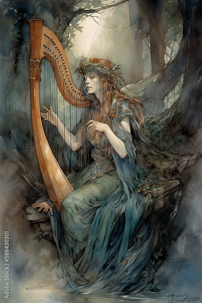 Fairy player, beautiful woman spirit playing Irish harp, traditional ...