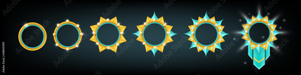 Game avatar frame vector set, UI circle badge, level up medieval RPG ...