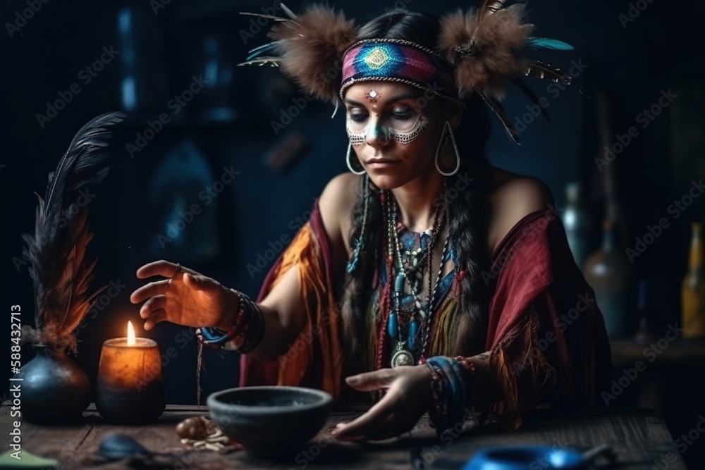 Indian shaman woman adorned with colorful feathers, who appears to be ...