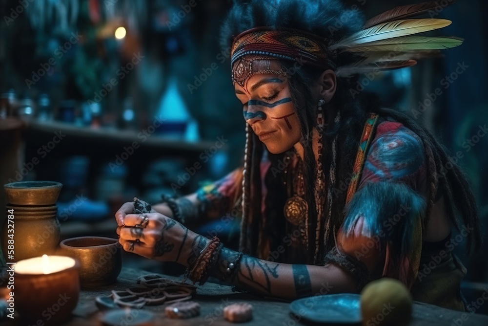 Indian shaman woman adorned with colorful feathers, who appears to be ...