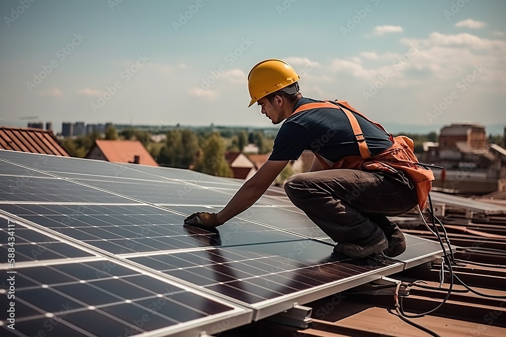 worker as they install a solar panel on the rooftop of a house ...